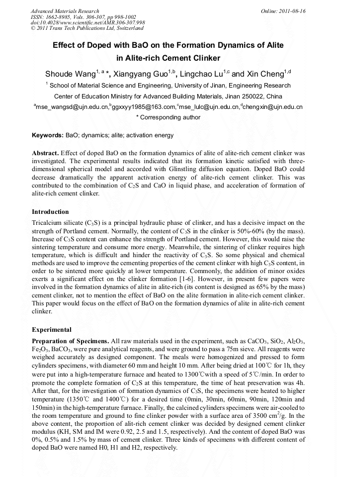 Effect of Doped with BaO on the Formation Dynamics of Alite in Alite ...