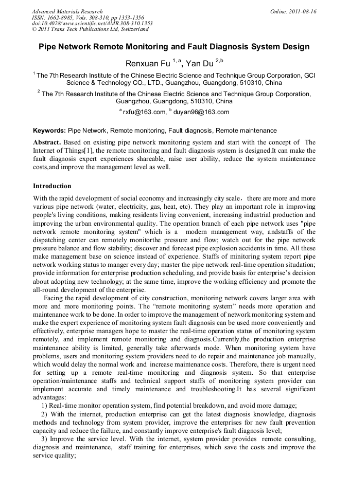 Pipe Network Remote Monitoring and Fault Diagnosis System Design ...