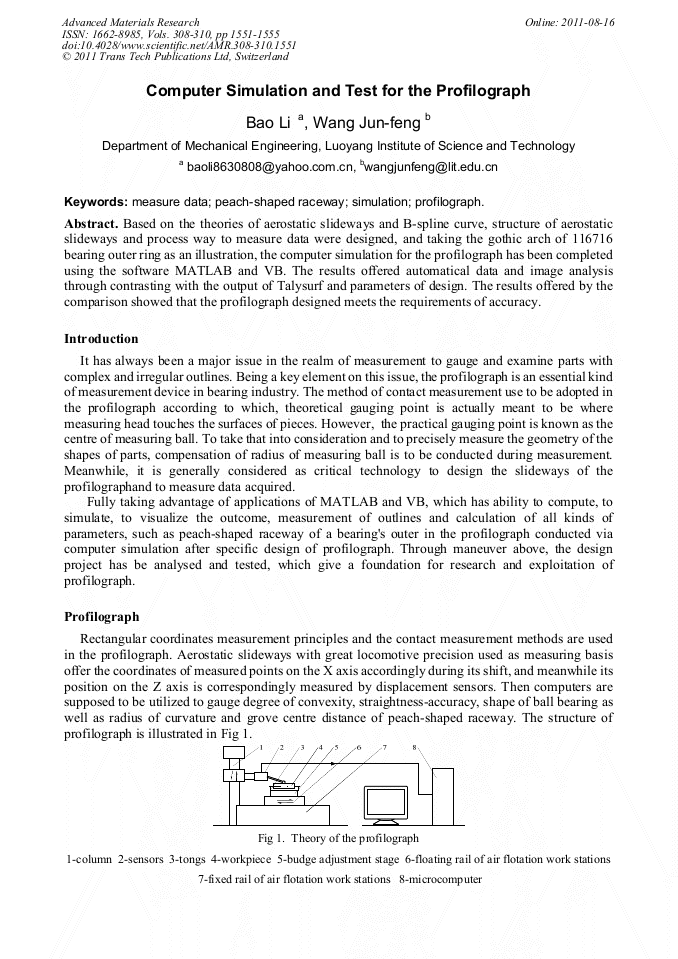 Computer Simulation and Test for the Profilograph | Scientific.Net