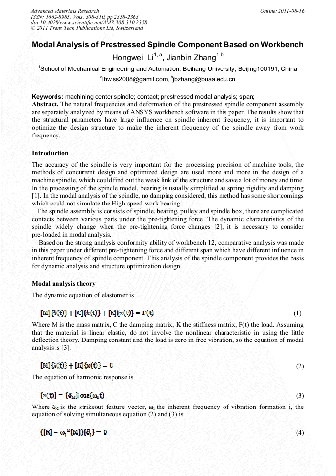 Modal Analysis of Prestressed Spindle Component Based on Workbench ...