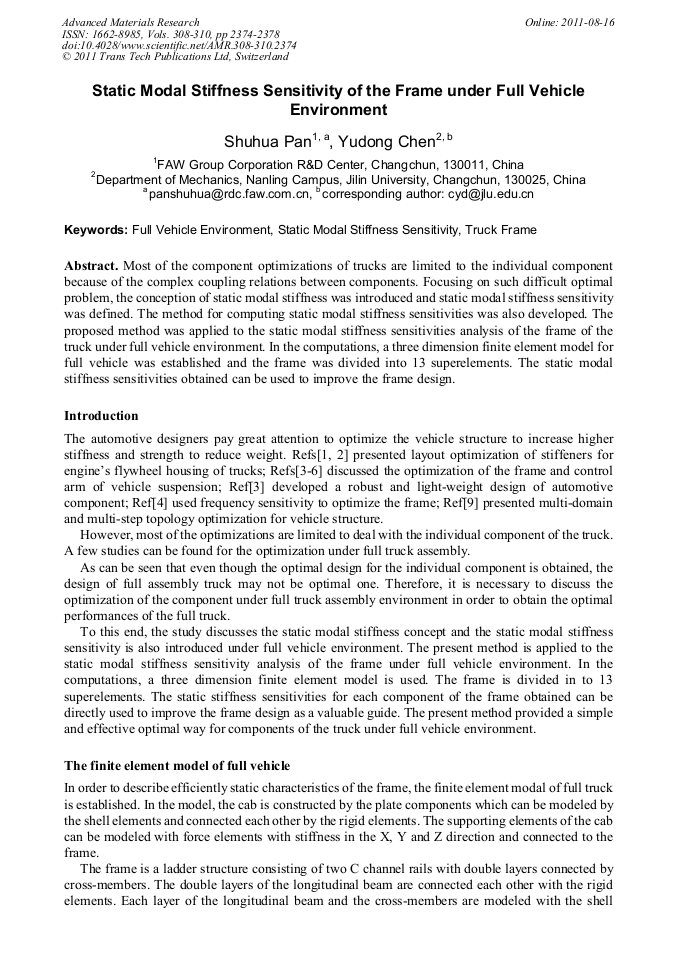 Static Modal Stiffness Sensitivity of the Frame under Full Vehicle ...