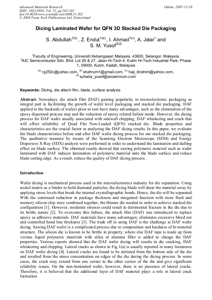Dicing Laminated Wafer for QFN 3D Stacked Die Packaging | Scientific.Net