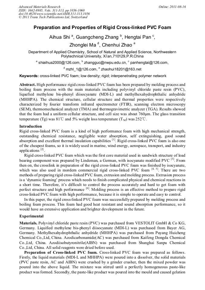 Preparation and Properties of Rigid Cross-Linked PVC Foam | Scientific.Net