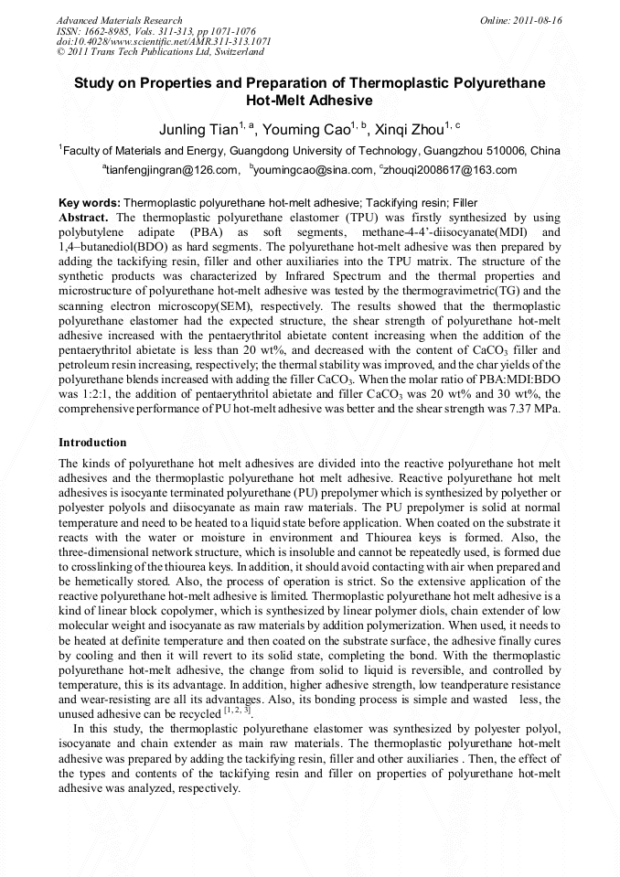 Study on Properties and Preparation of Thermoplastic Polyurethane Hot ...