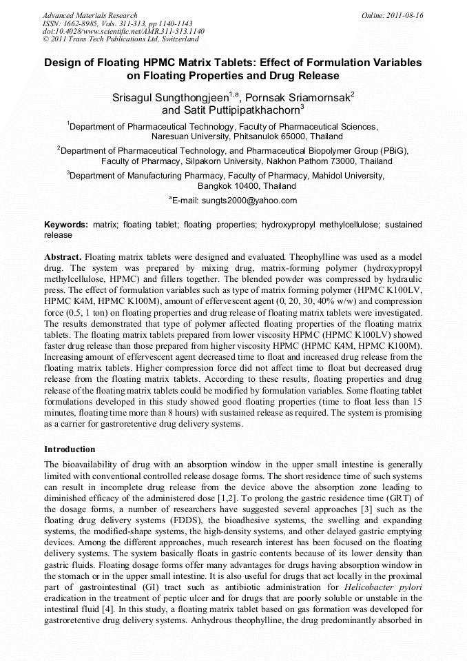 Design of Floating HPMC Matrix Tablets: Effect of Formulation Variables ...