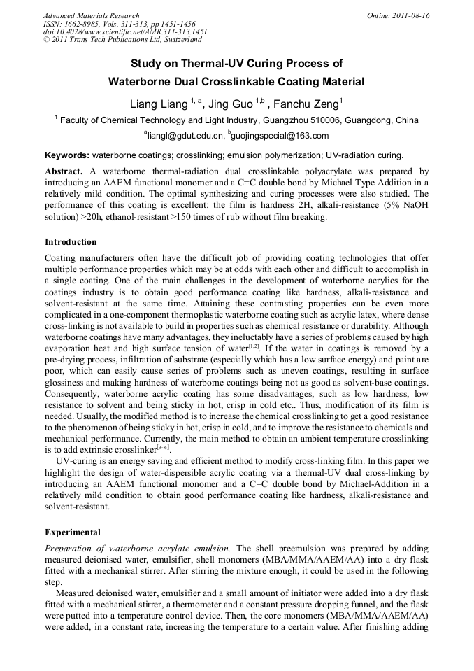 Study on Thermal-UV Curing Process of Waterborne Dual Crosslinkable ...