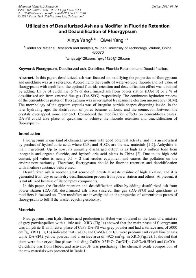 Utilization of Desulfurized Ash as a Modifier in Fluoride Retention and ...