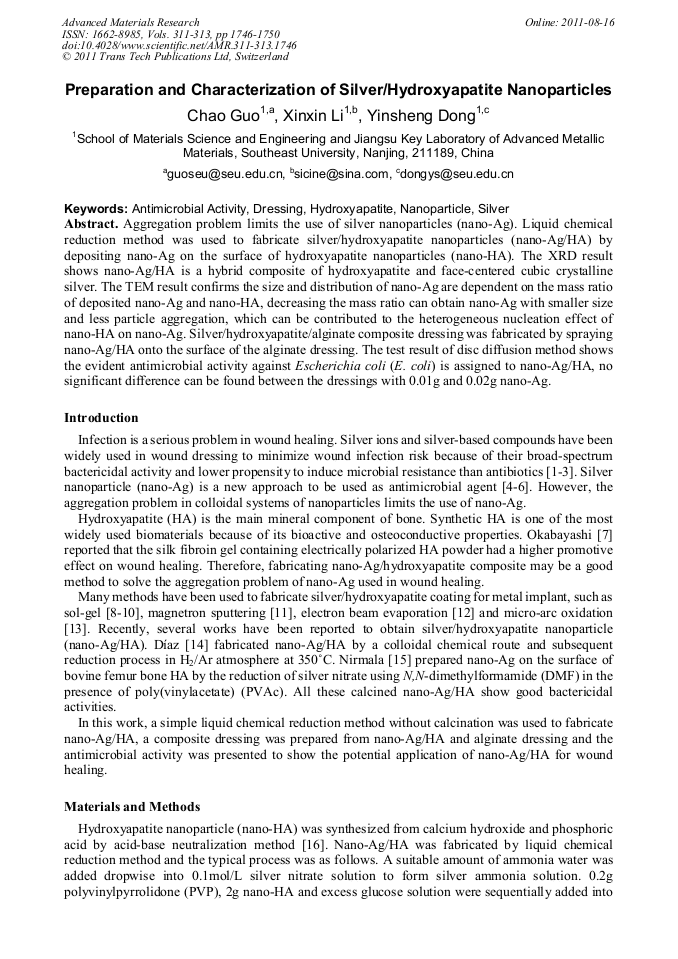 Preparation and Characterization of Silver/Hydroxyapatite Nanoparticles ...