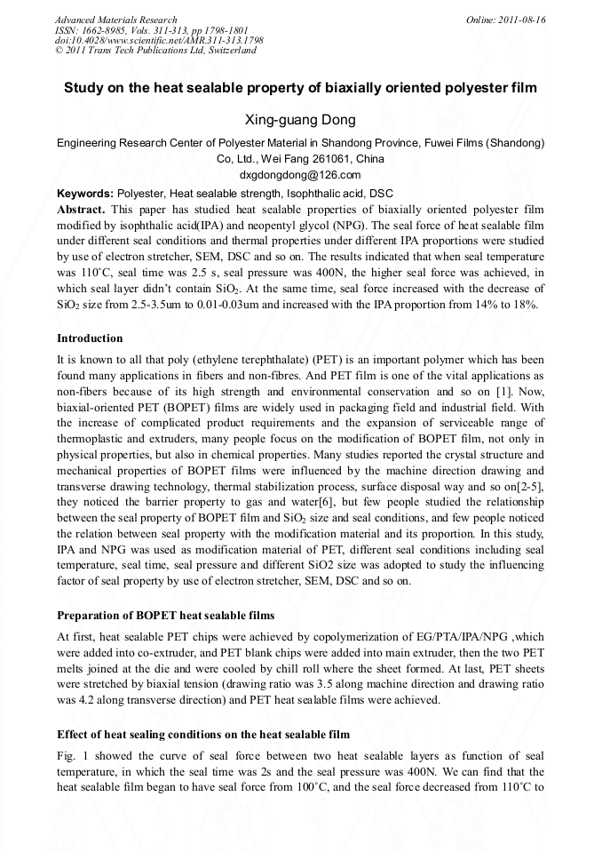 Study on the Heat Sealable Property of Biaxially Oriented Polyester ...