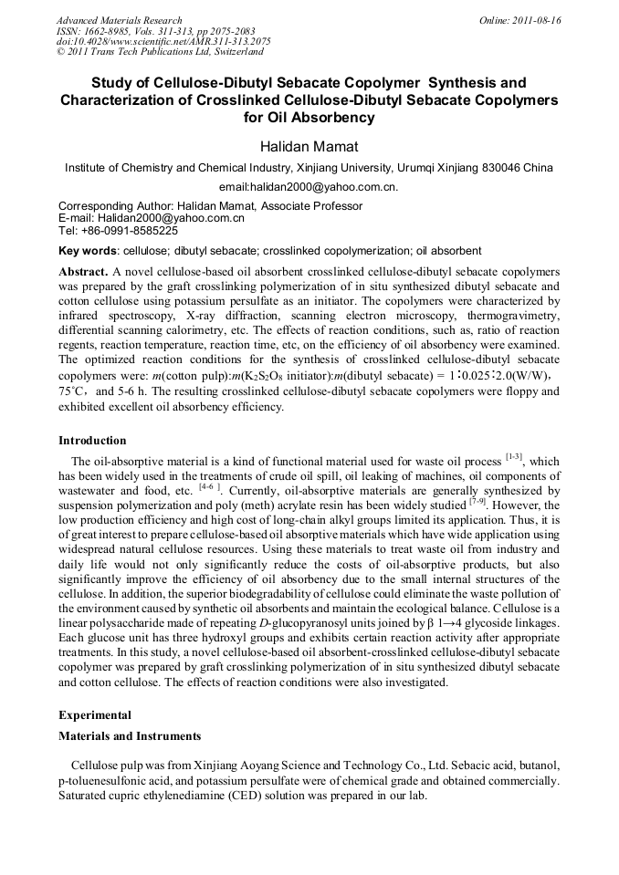 Study of Cellulose-Dibutyl Sebacate Copolymer Synthesis and ...