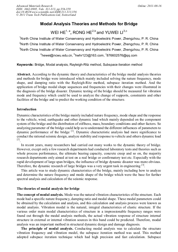 Modal Analysis Theories and Methods for Bridge | Scientific.Net