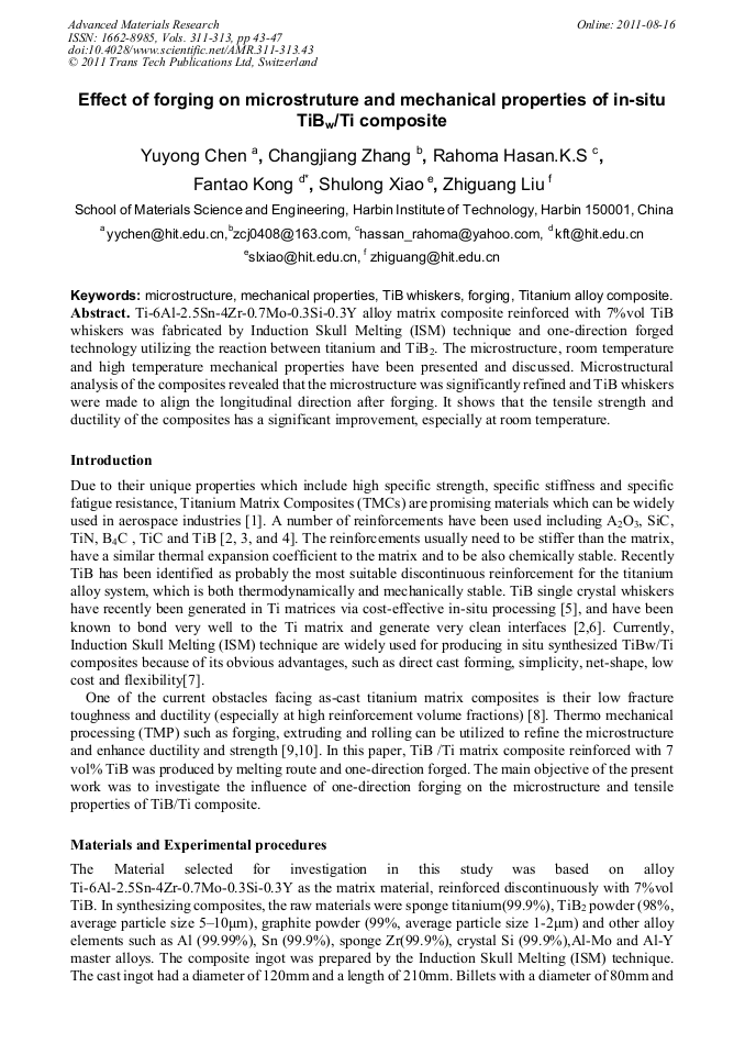 Effect of Forging on Microstruture and Mechanical Properties of In Situ TiBw/Ti Composite ...