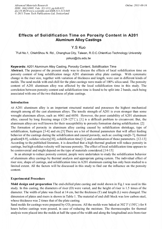 Effects of Solidification Time on Porosity Content in A201 Aluminum ...