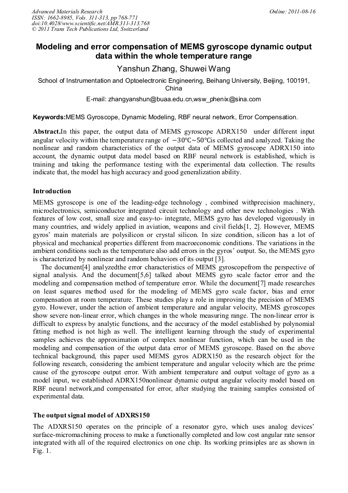 Modeling and Error Compensation of MEMS Gyroscope Dynamic Output Data within the Whole ...