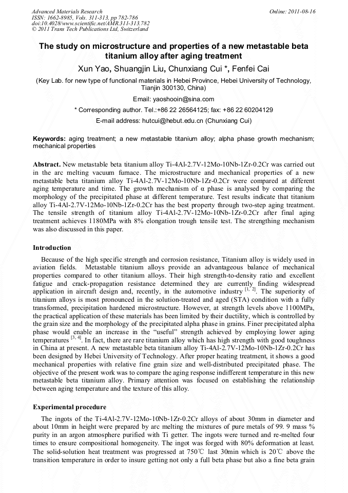 The Study on Microstructure and Properties of a New Metastable Beta ...