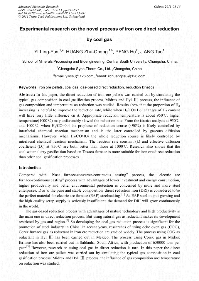 Experimental Research On The Novel Process Of Iron Ore Direct Reduction By Coal Gas Scientific Net