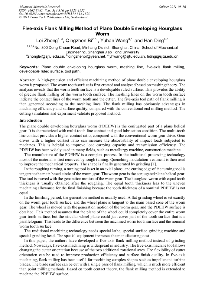 Five-Axis Flank Milling Method of Plane Double Enveloping Hourglass ...