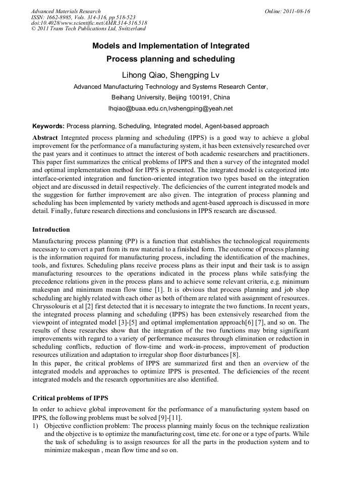 Models and Implementation of Integrated Process Planning and Scheduling ...