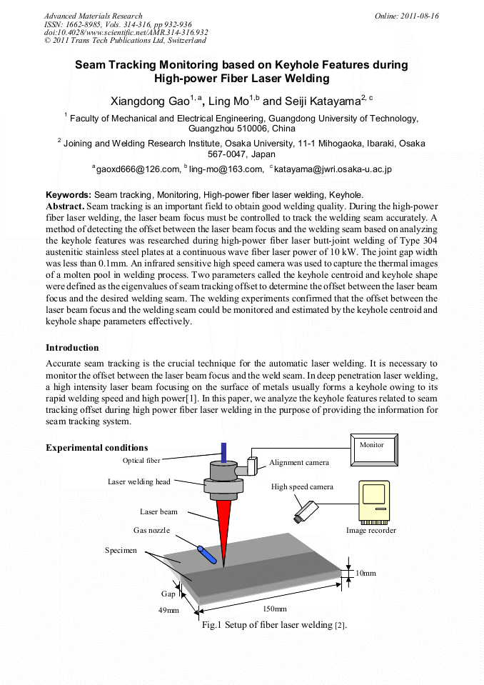 Seam Tracking Monitoring Based on Keyhole Features during High-Power ...