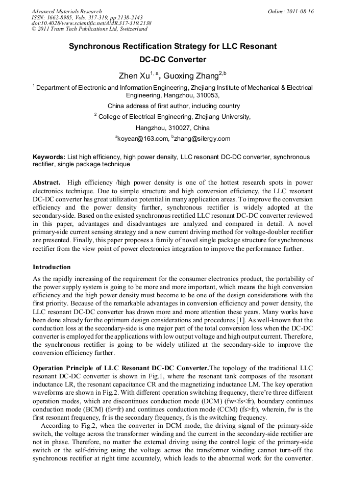 Synchronous Rectification Strategy for LLC Resonant DC-DC Converter | Scientific.Net