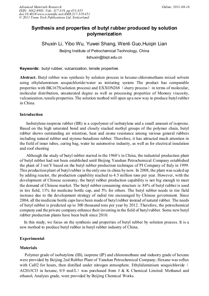 Synthesis and Properties of Butyl Rubber Produced by Solution ...