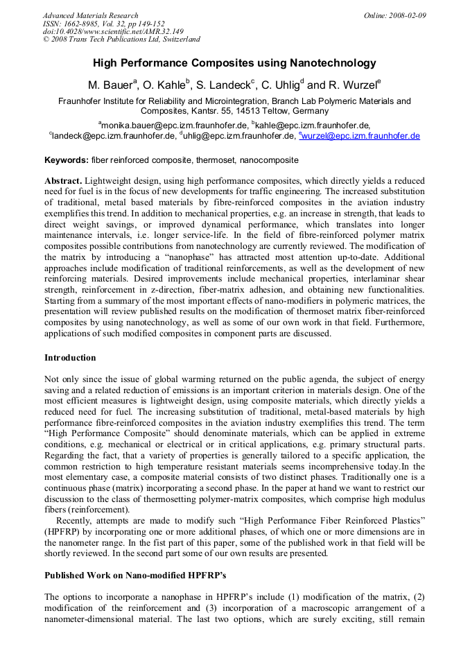 High Performance Composites Using Nanotechnology | Scientific.Net