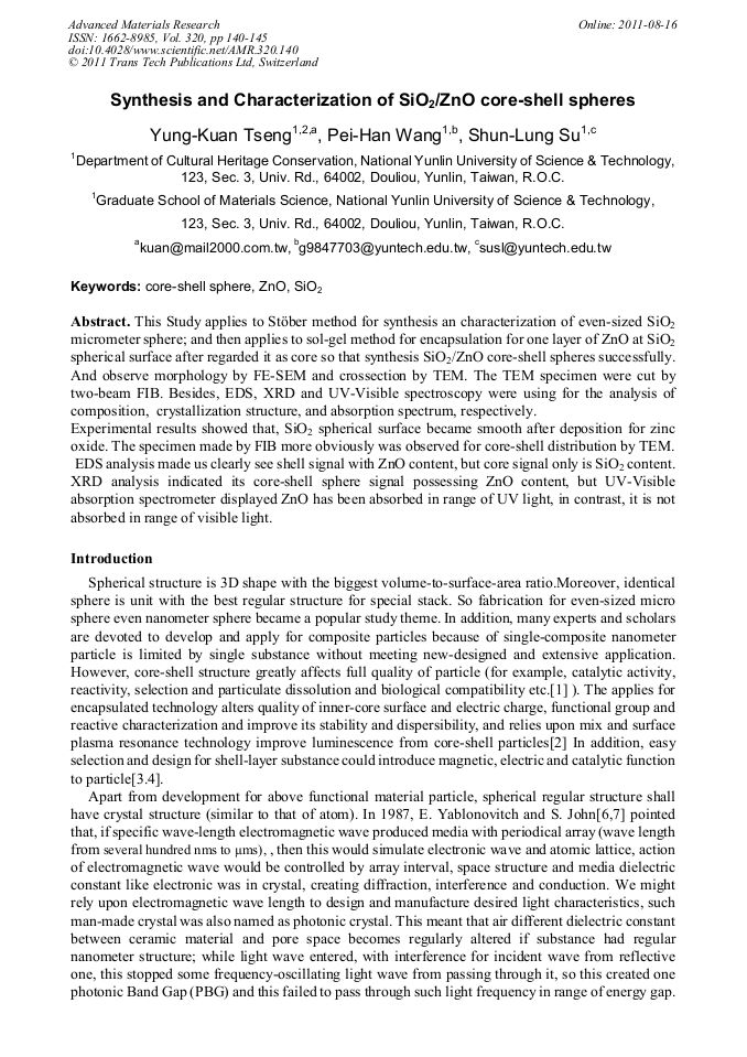 Synthesis and Characterization of SiO2/ZnO Core-Shell Spheres ...