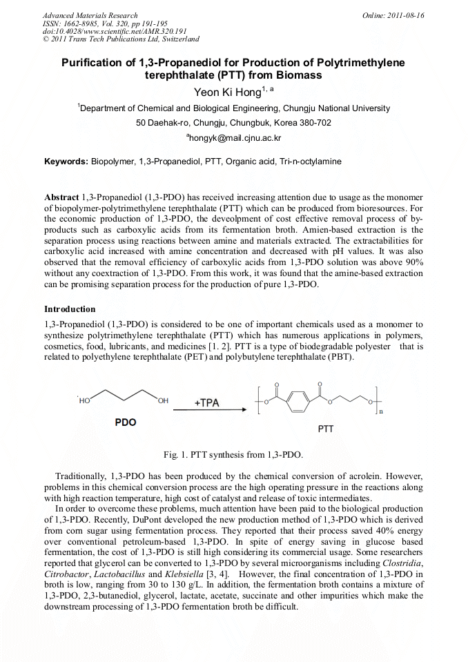 Purification of 1,3-Propanediol for Production of Polytrimethylene ...