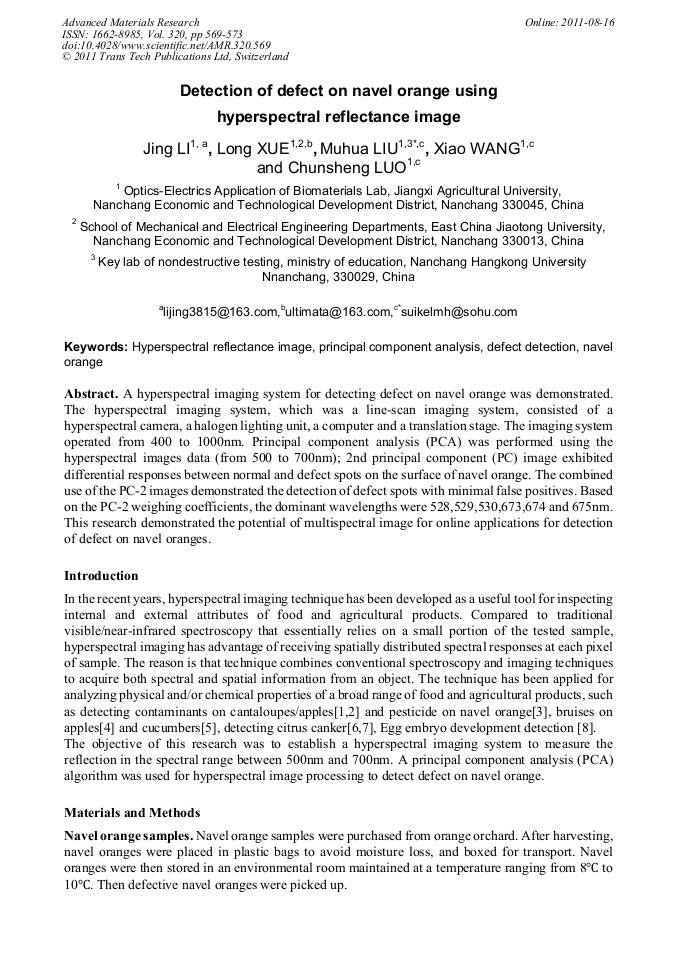 Detection of Defect on Navel Orange Using Hyperspectral Reflectance ...