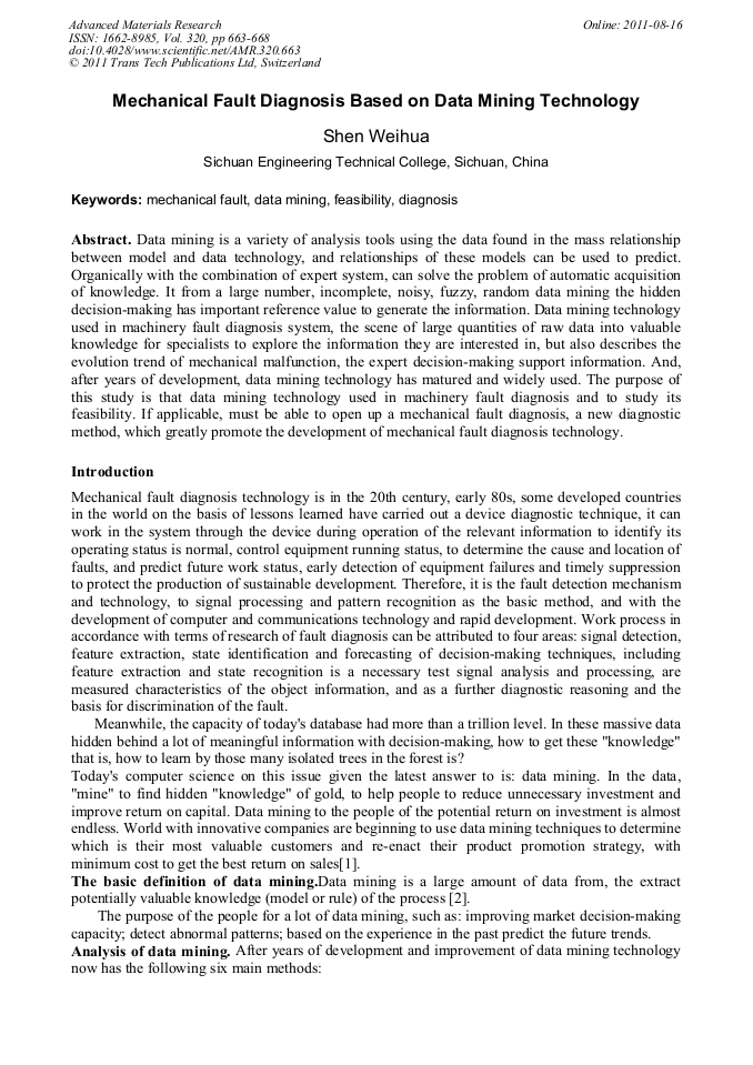 Mechanical Fault Diagnosis Based on Data Mining Technology | Scientific.Net