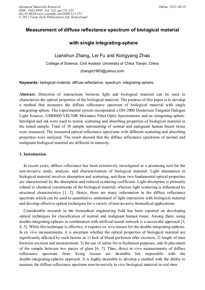 Measurement of Diffuse Reflectance Spectrum of Biological Material with ...