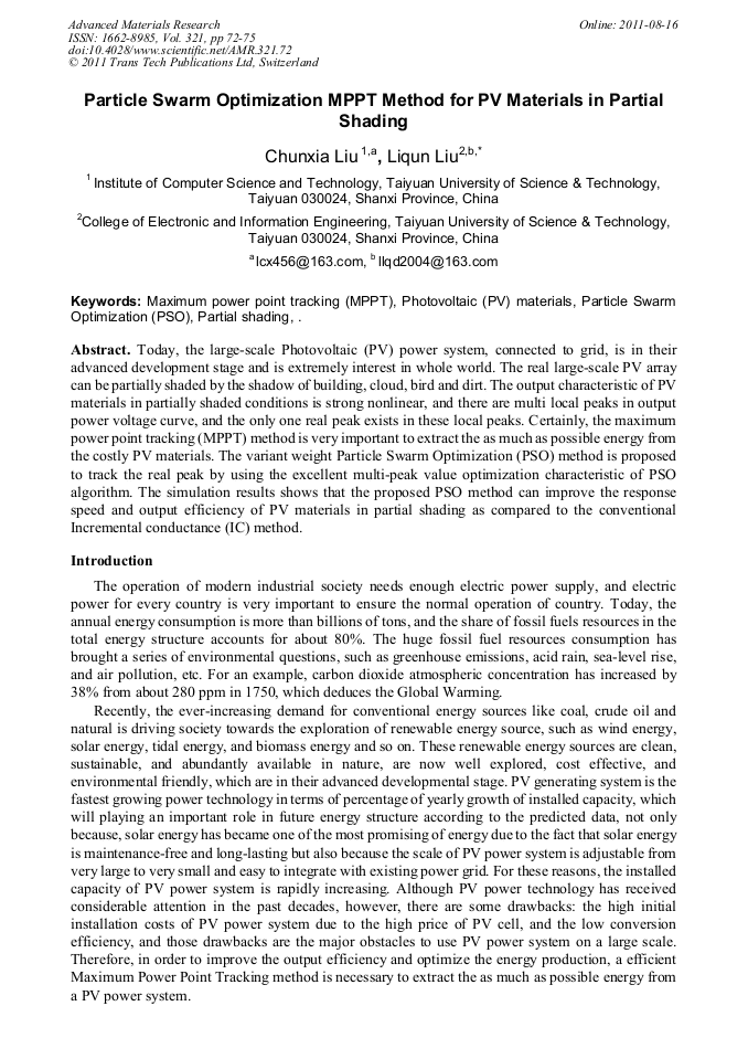 Particle Swarm Optimization MPPT Method for PV Materials in Partial ...