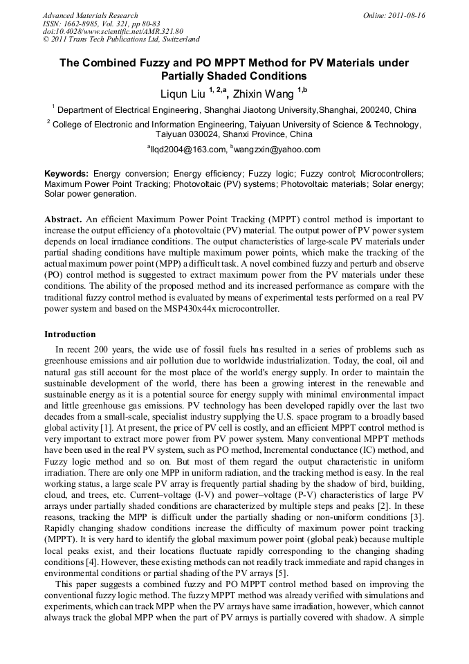 The Combined Fuzzy and PO MPPT Method for PV Materials under Partially ...