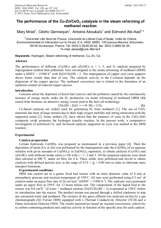 The Performance of the Cu-Zn/CeO2 Catalysts in the Steam Reforming of ...