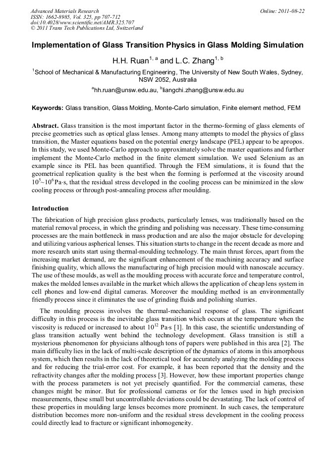 Implementation of Glass Transition Physics in Glass Molding Simulation ...