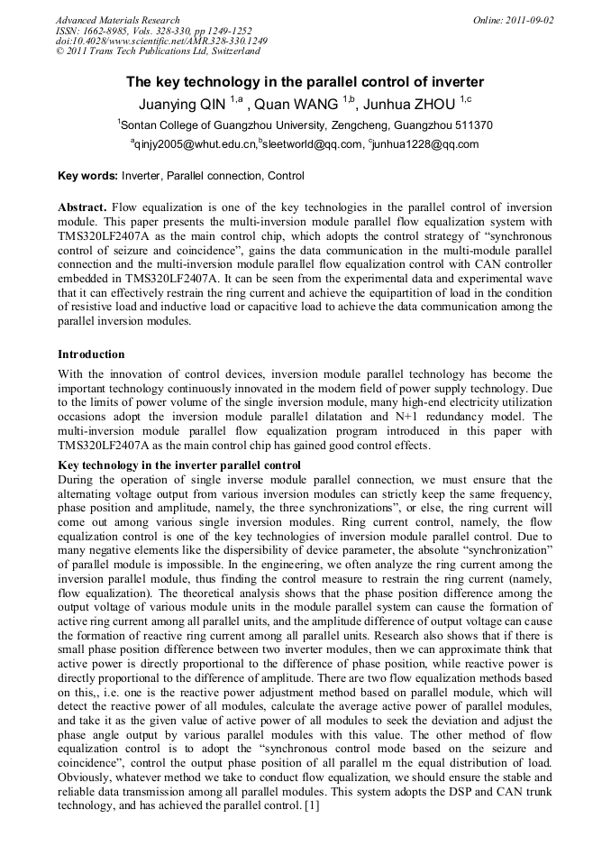 The Key Technology in the Parallel Control of Inverter | Scientific.Net