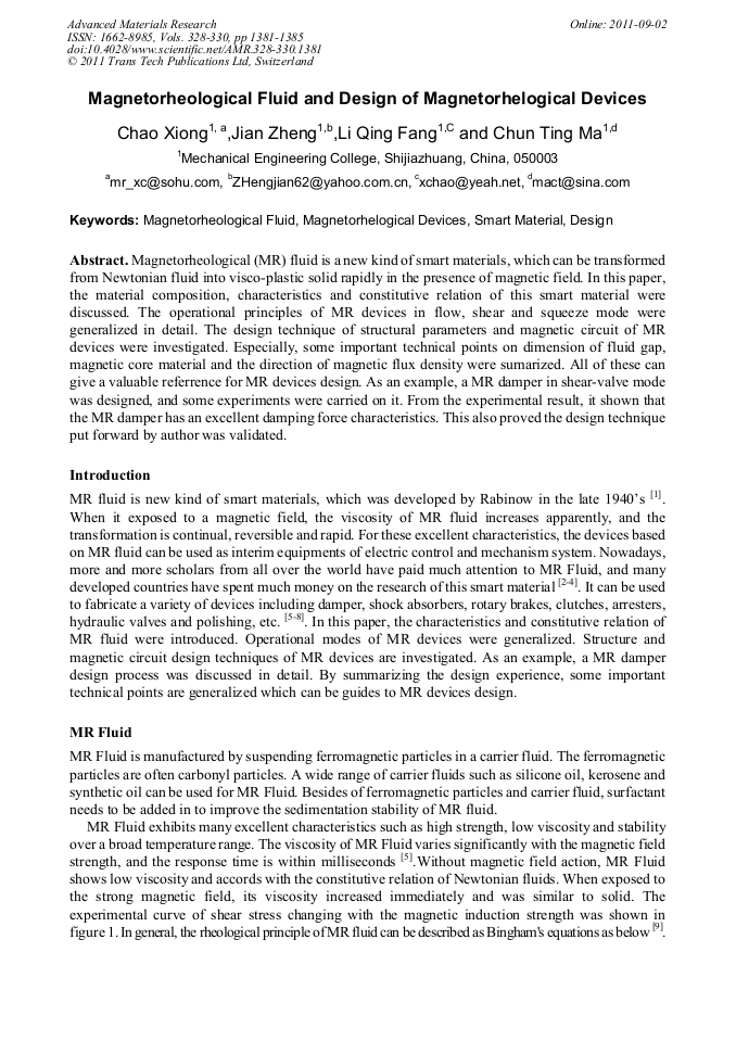 Magnetorheological Fluid and Design of Magnetorhelogical Devices ...