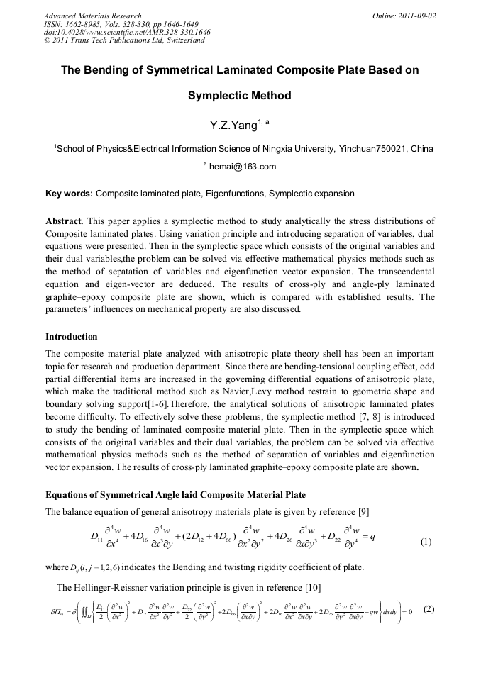 The Bending of Symmetrical Laminated Composite Plate Based on ...