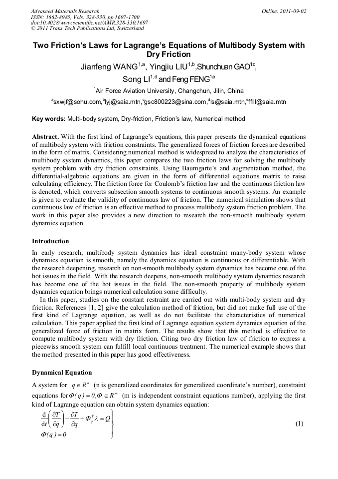 Two Friction’s Laws for Lagrange’s Equations of Multibody System with Dry Friction | Scientific.Net
