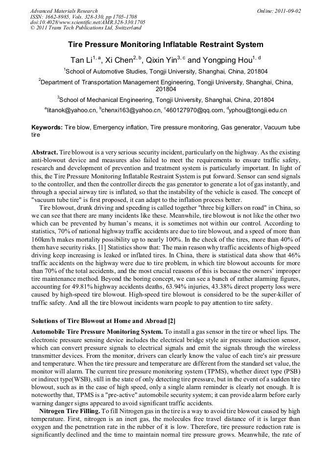 Tire Pressure Monitoring Inflatable Restraint System | Scientific.Net