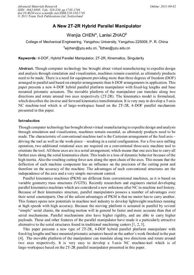 A New 2T-2R Hybrid Parallel Manipulator | Scientific.Net