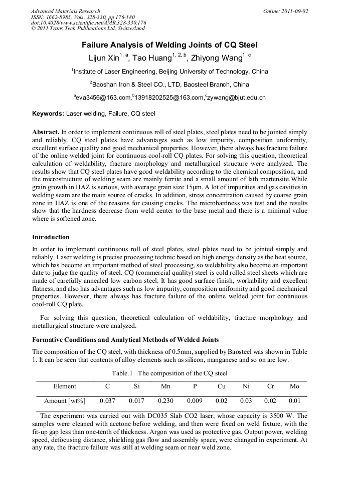 Failure Analysis of Welding Joints of CQ Steel | Scientific.Net