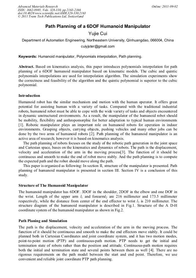Path Planning of a 6DOF Humanoid Manipulator | Scientific.Net