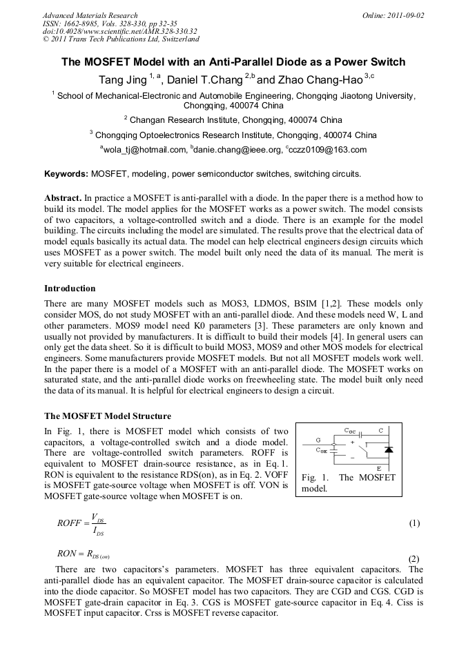 The MOSFET Model with an Anti-Parallel Diode as a Power Switch ...