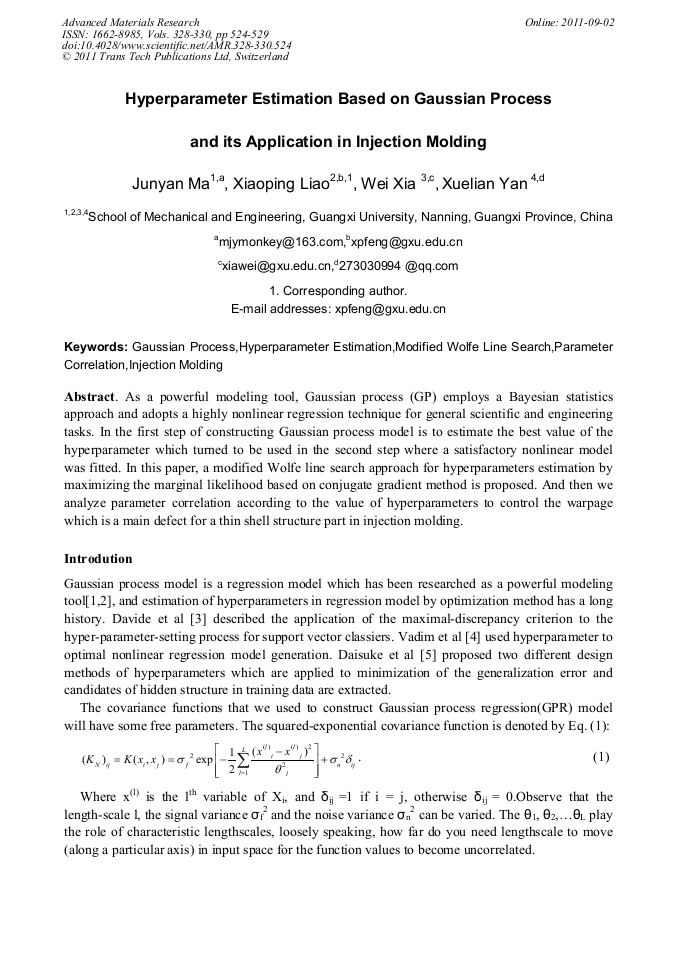 Hyperparameter Estimation Based on Gaussian Process and its Application in Injection Molding ...