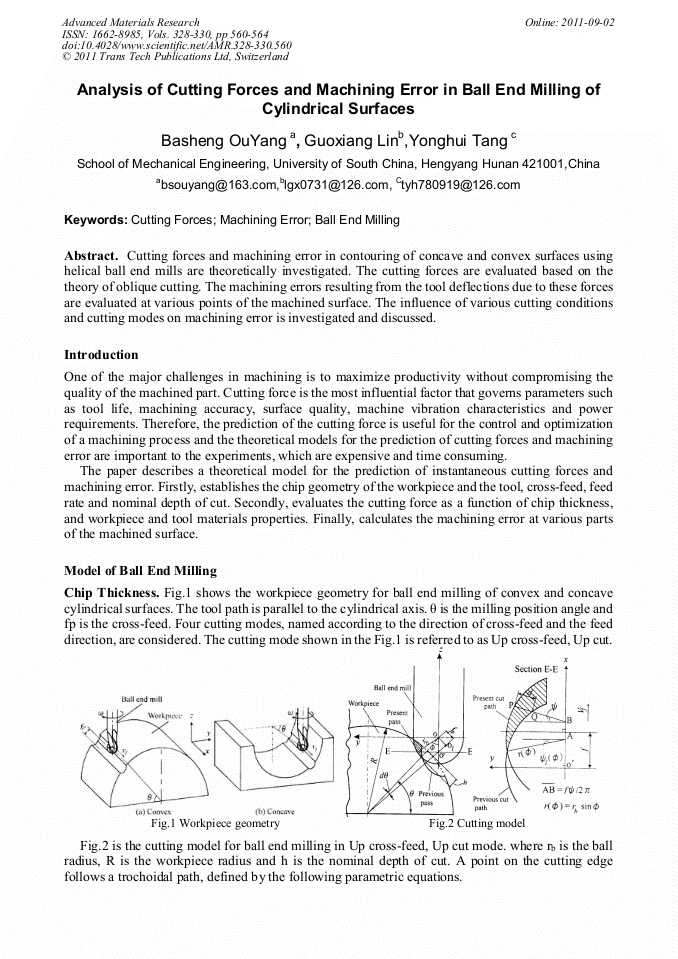 Analysis of Cutting Forces and Machining Error in Ball End Milling of ...