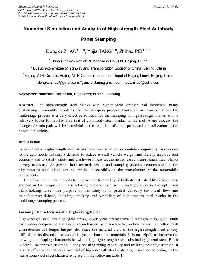 Numerical Simulation and Analysis of High-Strength Steel Autobody Panel ...