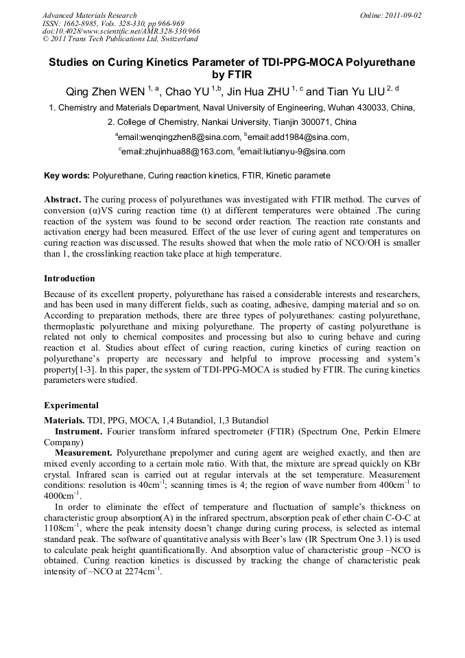 Studies on Curing Kinetics Parameter of TDI-PPG-MOCA Polyurethane by ...