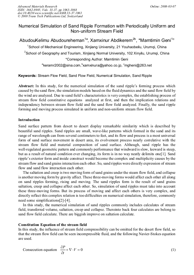 Numerical Simulation of Sand Ripple Formation with Periodically Uniform ...