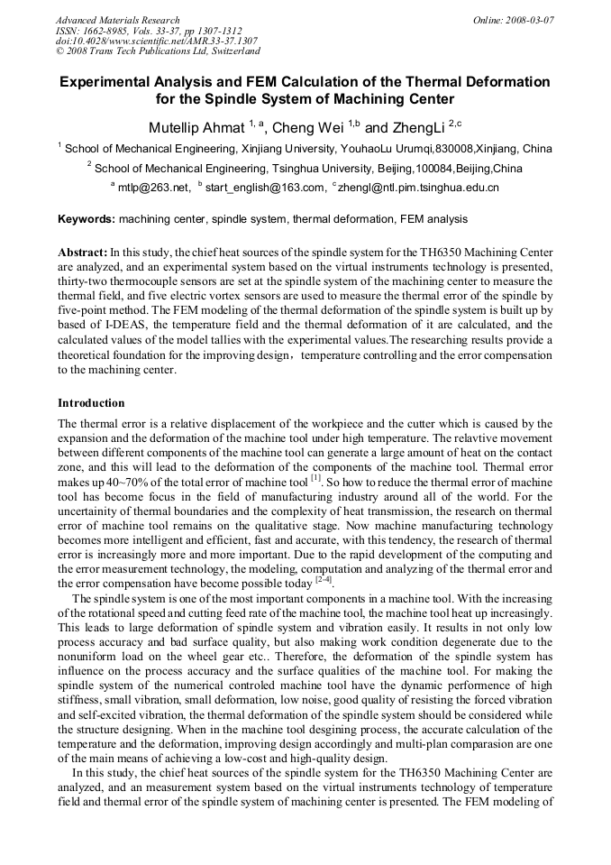 Experimental Analysis and FEM Calculation of the Thermal Deformation ...